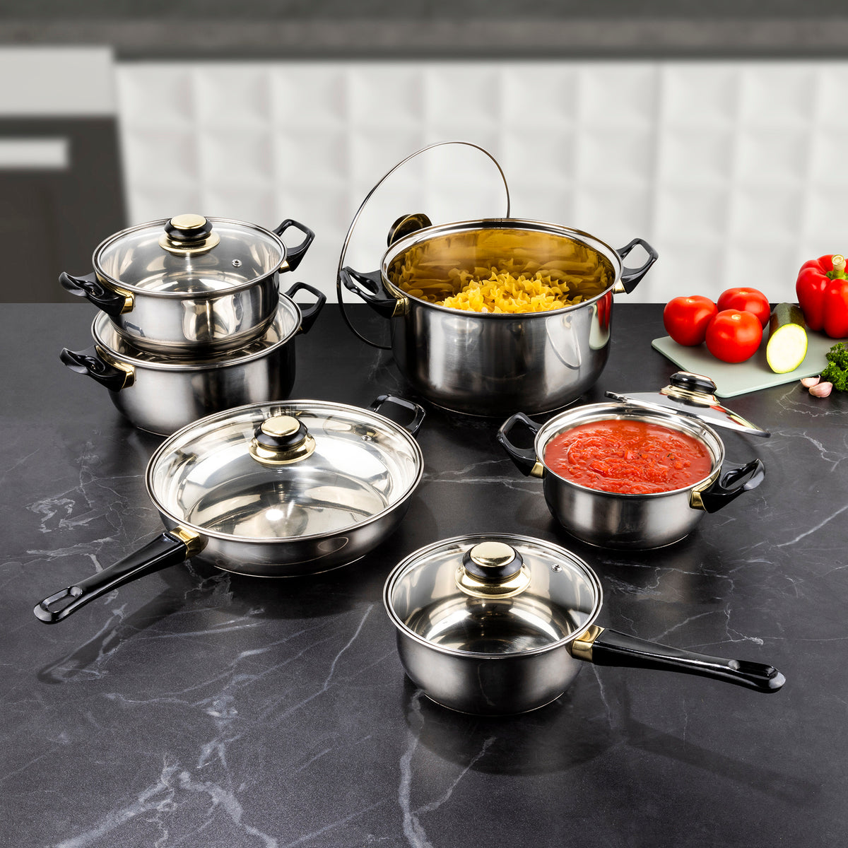 12-teiliges Kochtopf-Set aus Edelstahl mit Glasdeckeln – Poochy-Couture